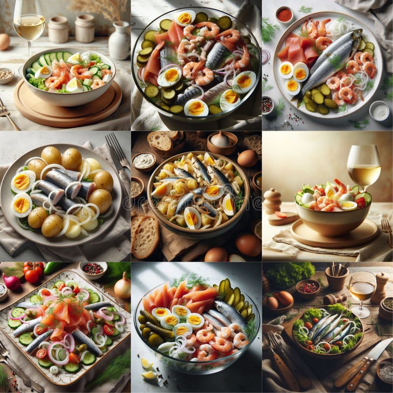 Nordic Fish Salad Collage stock photo. Image of dill - 378426562