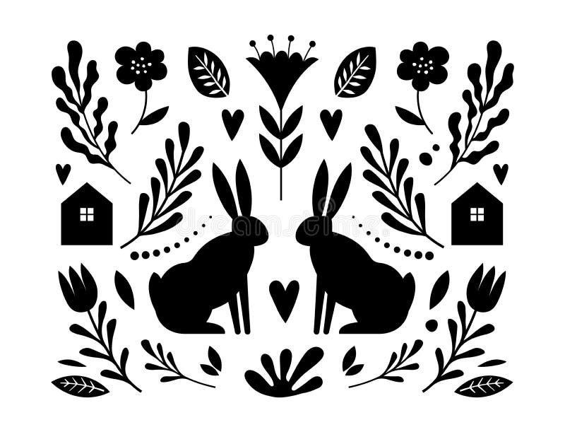 Nordic Folk Pattern with Bunnies and Floral Elements Stock Vector ...