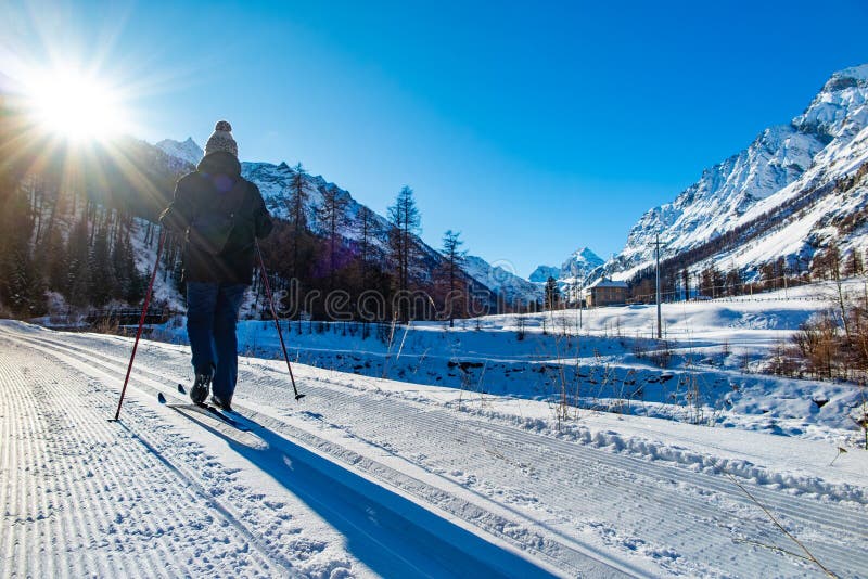 Nordic Ski Scene in Valle D Aosta Stock Photo - Image of notre ...