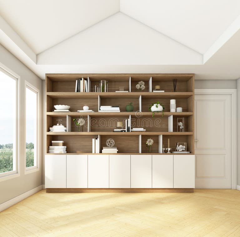 Nordic Style Workroom with Empty Space and Bookshelf. 3d Rendering ...