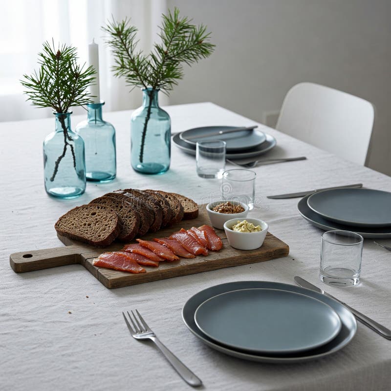 Nordic Table with Rye Bread and Smoked Fish Stock Illustration ...
