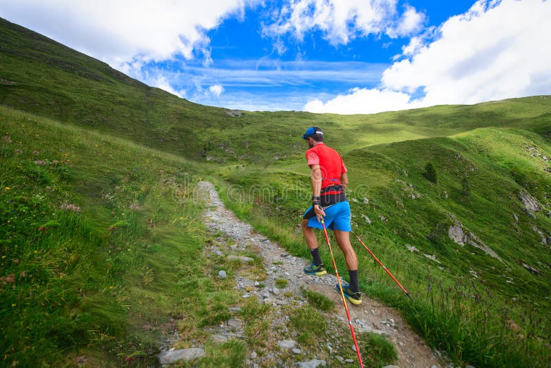 Nordic Walking on an Uphill Mountain Path Stock Photo - Image of hiking ...