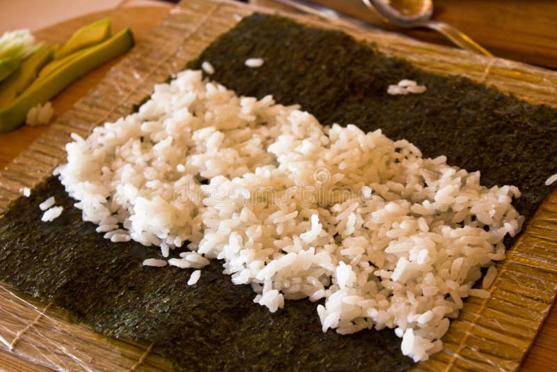 Nori Algae Leaf with Rice for Rolls with Cucumber and Avocado on Stock ...