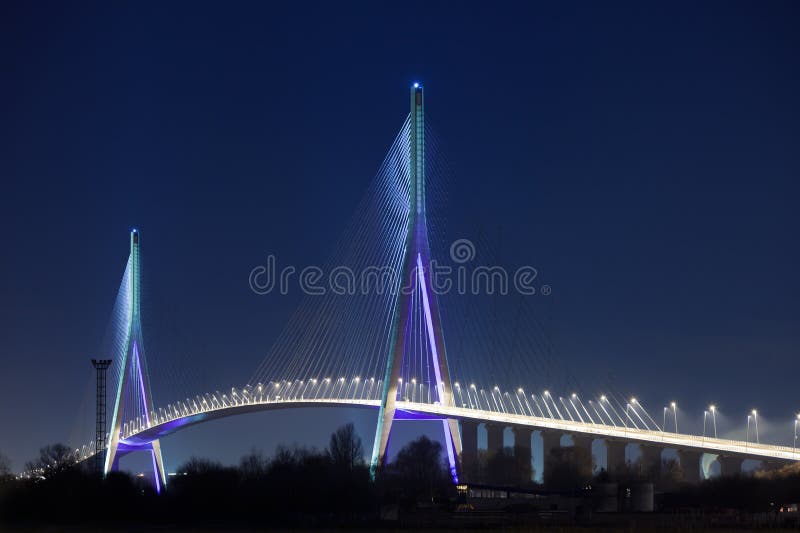 Normandy bridge at night editorial stock image. Image of horizontal ...