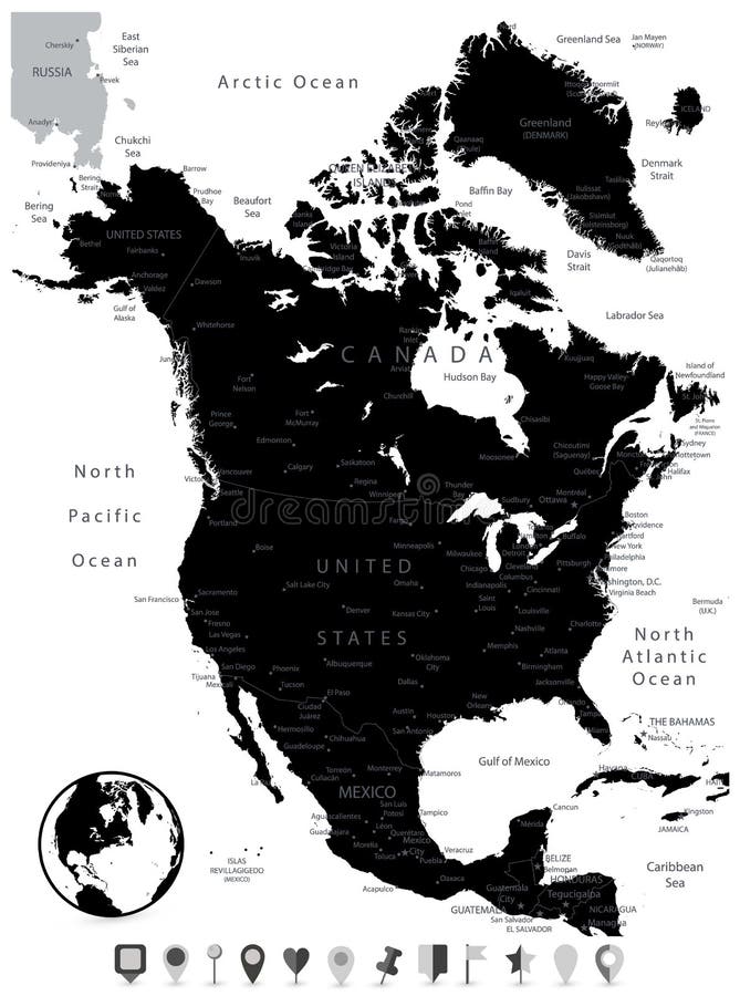 North America Black Map and Flat Map Pointers Isolated on White Stock ...