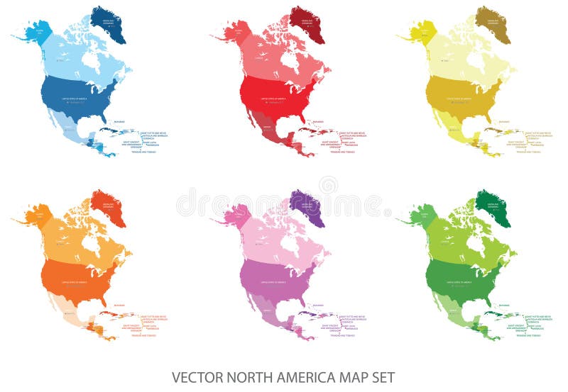 Abstract Colorful Vector Set of North America Map with Countries and ...