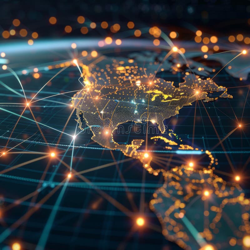 North America Connected by a Network of Lines and Lights Stock ...