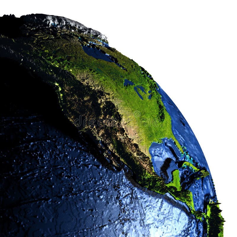 North America on Earth at Night with Exaggerated Mountains Stock ...