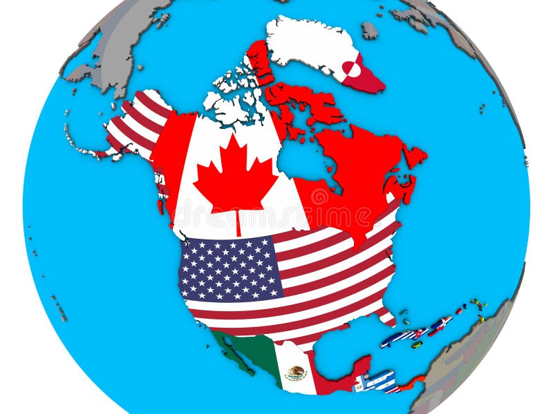 North America with Flags on 3D Map Stock Illustration - Illustration of ...
