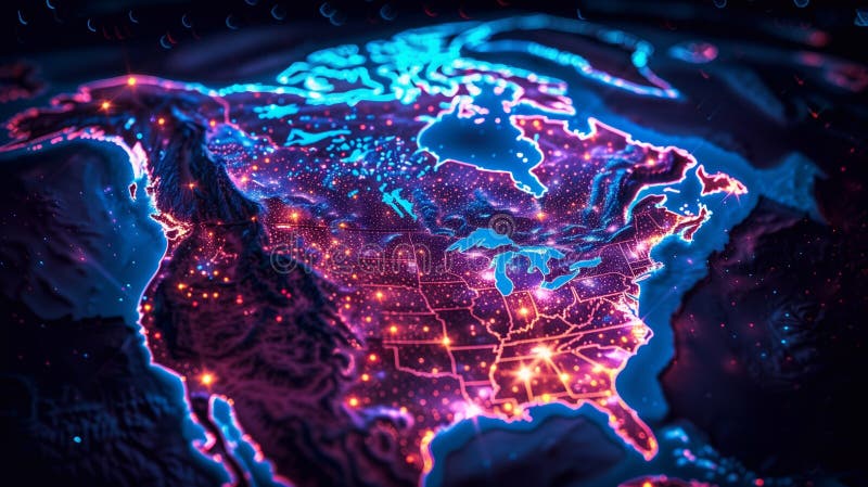 North America Map with Neon Effect Stock Illustration - Illustration of ...