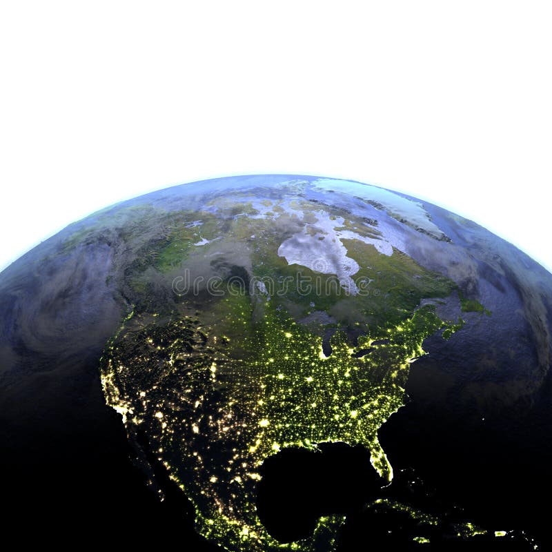 North America at Night on Realistic Model of Earth Stock Photo - Image ...