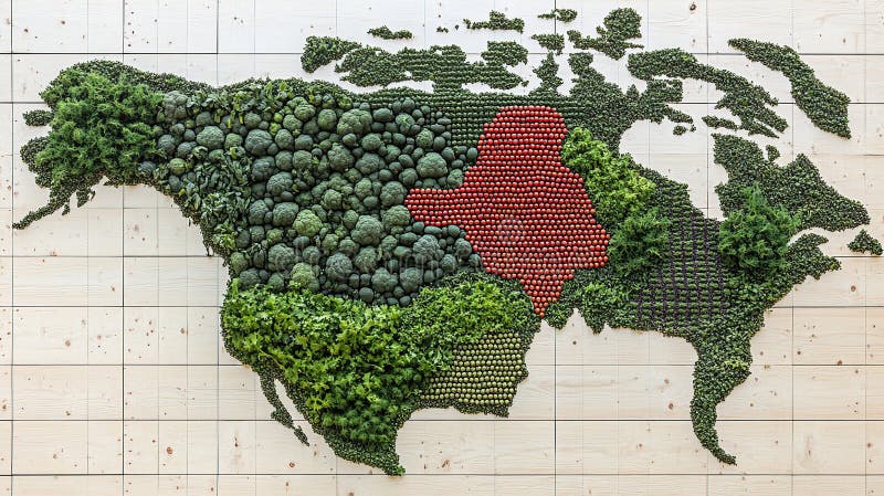 North American Map, Stylized with Various Vegetables and Herbs Stock ...
