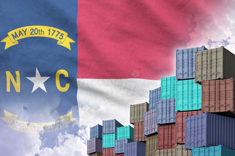 North Carolina US State Flag and Big Stack of Shipping Cargo Containers ...