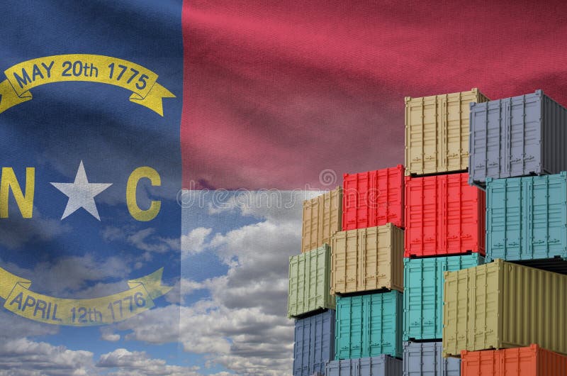 North Carolina US State Flag and Big Stack of Shipping Cargo Containers ...