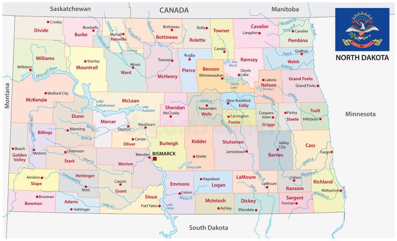 North Dakota Administrative and Political Vector Map with Flag Stock ...