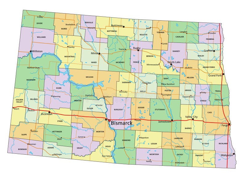 North Dakota - Detailed Editable Political Map with Labeling. Stock ...