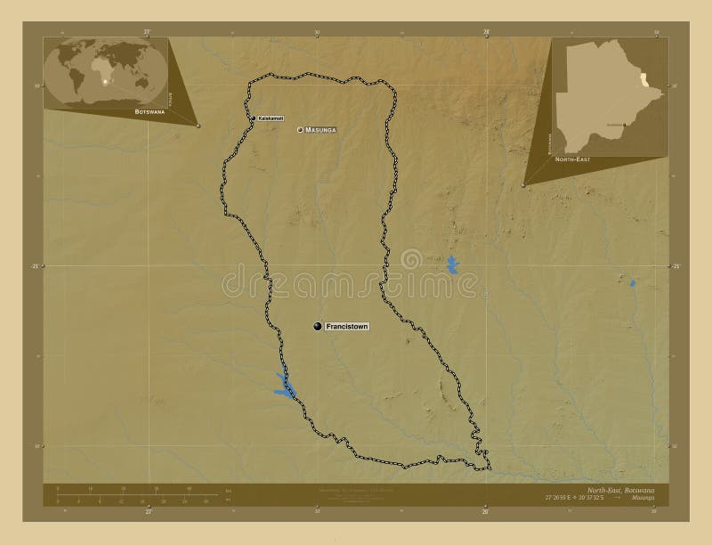 North-East, Botswana. Physical. Labelled Points of Cities Stock ...