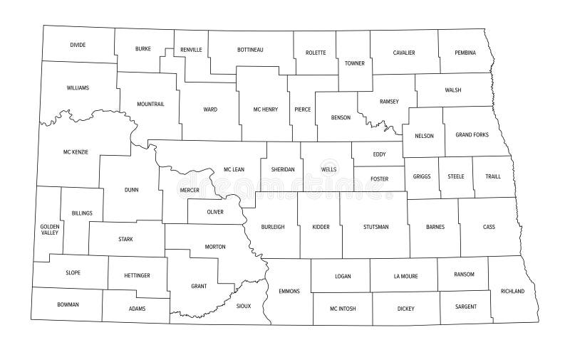 State of North Dakota Subdivided into 53 Counties, Outline Map Stock ...