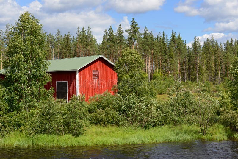 Northern Landscape with Red Barn Stock Photo - Image of river, barn ...