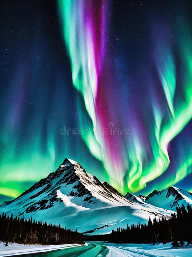Northern Lights or Aurora Borealis with Mountain Stock Illustration ...