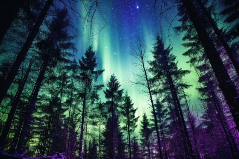 Northern Lights Aurora Seen from a Forest Clearing Stock Photo - Image ...
