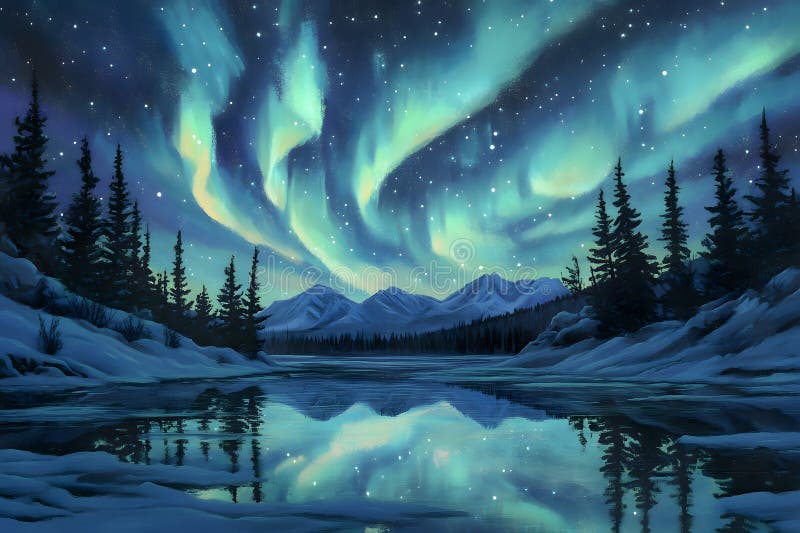 The Northern Lights Dance Over a Snow-covered Lake. Stock Illustration ...