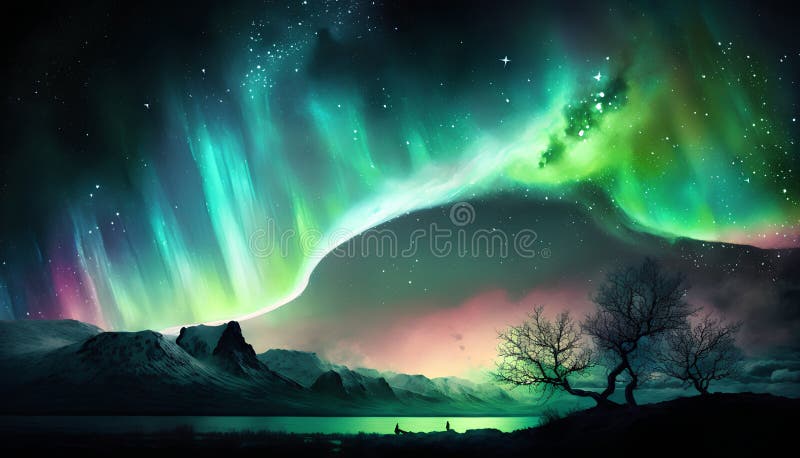 Northern Lights in the Night Sky. 3d Rendering. Computer Digital ...