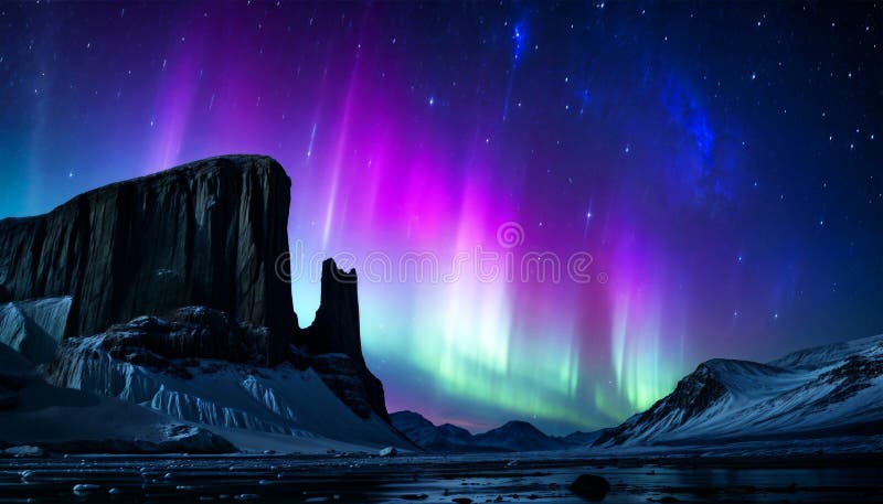 Northern Lights Over the Icy Rocks Stock Illustration - Illustration of ...