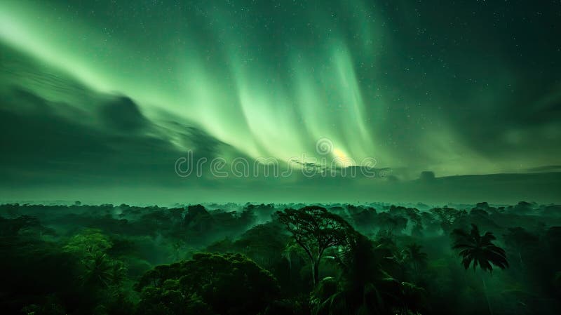 Northern Lights Over Rainforest Stock Photo - Image of view, flora ...