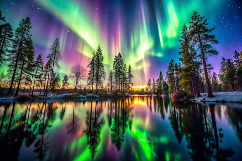 Northern Lights Reflect on Frozen Lake, Forest Background Stock ...