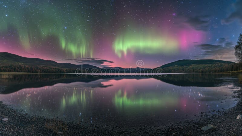 Northern Lights Reflected in a Calm Lake with Starry Sky Stock ...
