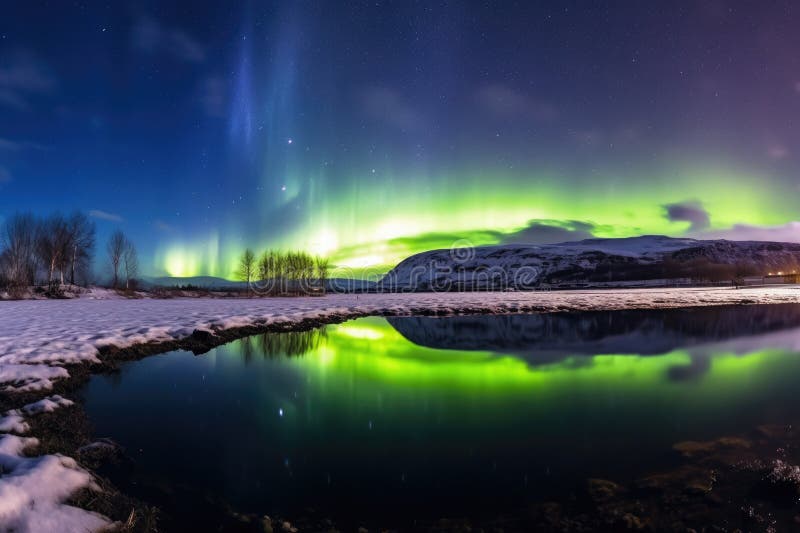 Northern Lights Reflecting on a Frozen Pond Stock Image - Image of ...