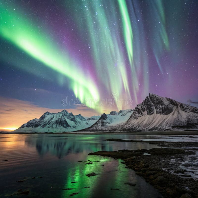 Northern Lights Reflection in the Ocean Stock Illustration ...