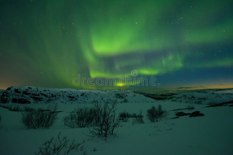 Northern Lights in the Sky. Snowy Tundra at Night Stock Photo - Image ...