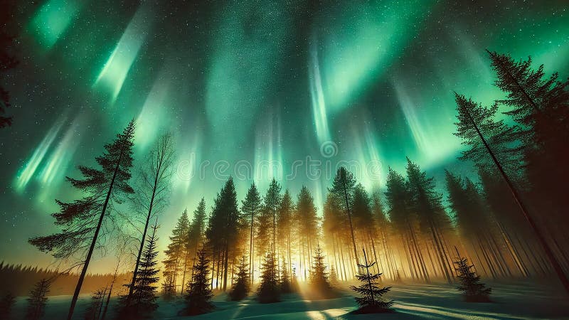 Northern Lights in Spring, with the Lights Dancing Above a Forest Stock ...