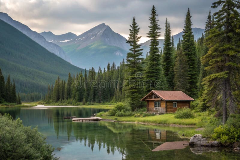Northern Wilderness with a Cabin and Lake Stock Illustration ...