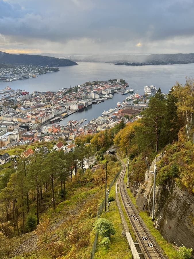 View of Bergen Harbor from Floibanen Funicular in Mount Floyen in ...