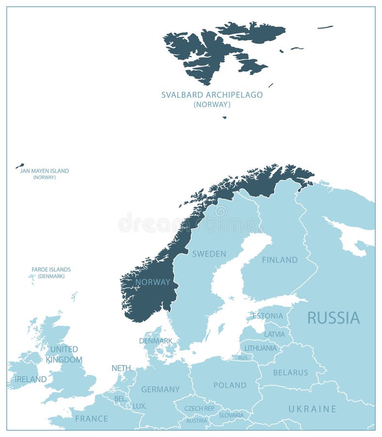 Norway - Blue Map with Neighboring Countries and Names Stock ...