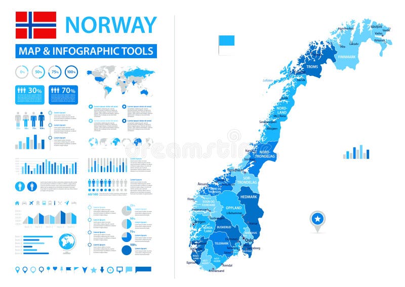 Norway Infographic Map with Data Visualization Elements - Vector Map of ...