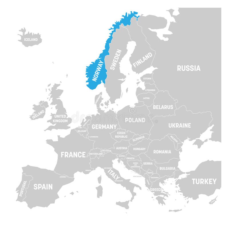 Norway Marked by Blue in Grey Political Map of Europe. Vector ...