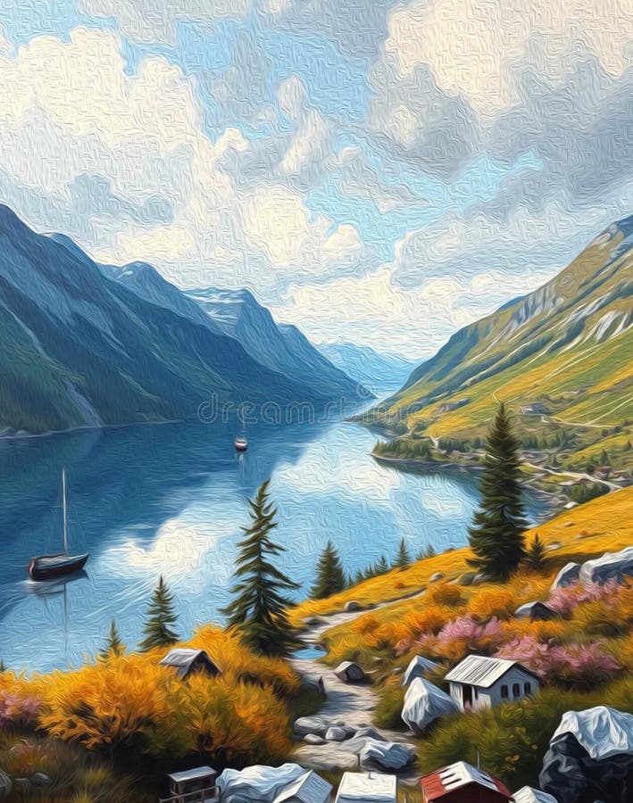 Norway . Mountain Landscape. Pattern with Oil Paint for Printing on ...