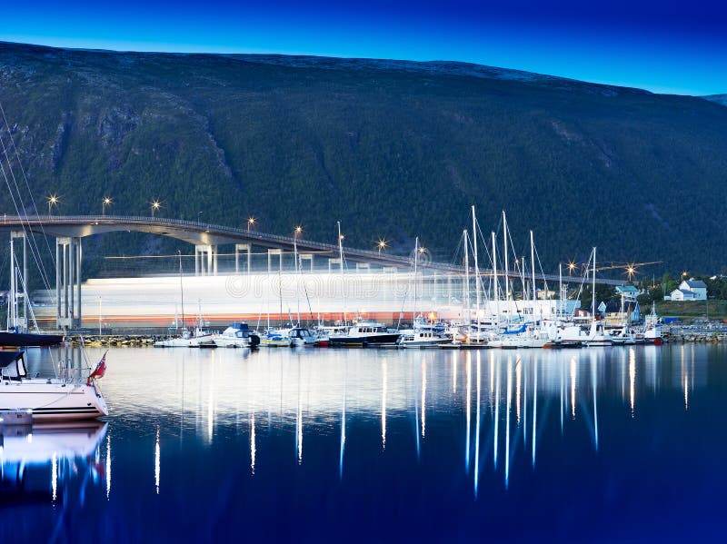 Norway Night Bridge with Passing Ship Background Stock Photo - Image of ...