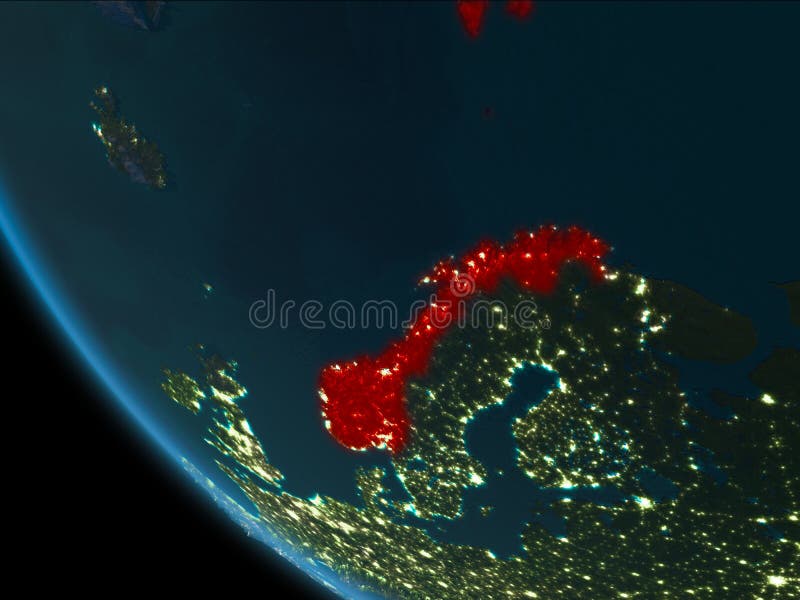 Norway at night from orbit stock illustration. Illustration of lights ...