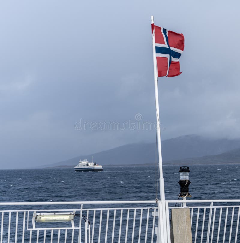 Norwegian Flag on the Ferry Stock Photo - Image of green, flag: 201799760