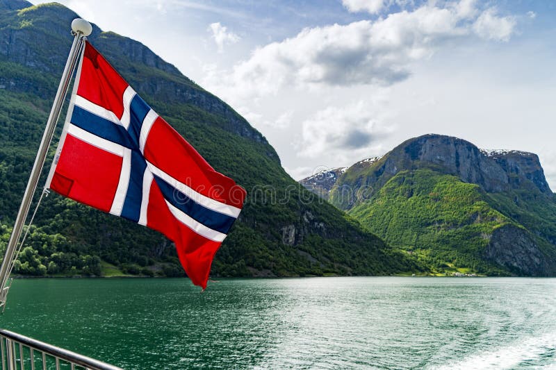 Norwegian Flag Flying on a Ferry in Naeroyfjord Stock Photo - Image of ...
