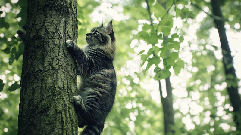 Norwegian Forest Cat Climbing a Tall Tree in a Dense Forest, Sharp ...