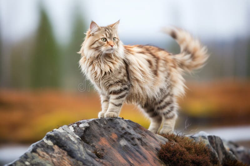 Norwegian Forest Cat on a Rock, Poised To Leap Stock Photo - Image of ...