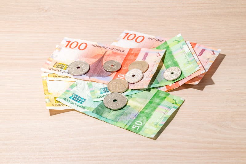 Norwegian Krone NOK Banknotes and Coins on Wooden Table Stock Image ...