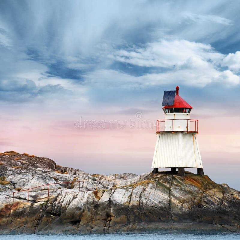 Norwegian Lighthouse. White Tower on Island Stock Photo - Image of ...
