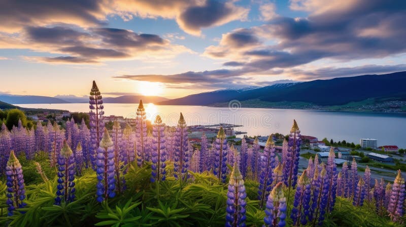 Norwegian Lupine Fields by the Fjord Stock Illustration - Illustration ...